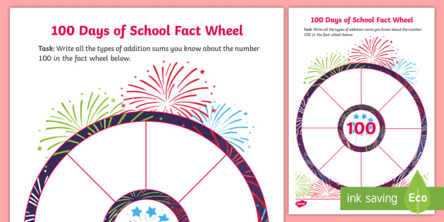 100 Days of School 100 Fact Wheel Worksheet (teacher made)