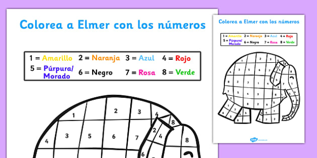 Colorea a Elmer con los números Sheet SpanishColorea a Elmer con los
