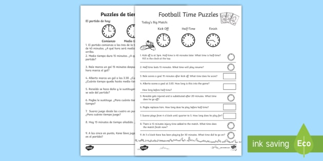 Football Themed Time Worksheet / Worksheet English/Spanish - Football ...