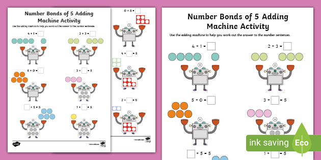 👉 Number Bonds of 5 Adding Machine Activity