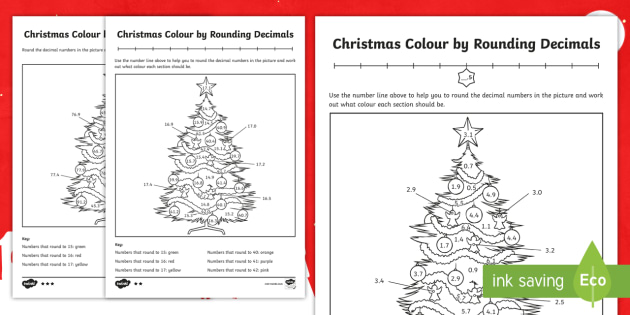 Christmas Themed Colour by Rounding Decimals Differentiated Worksheet