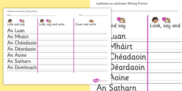 Laethanta na seachtaine Writing Practice Worksheet Gaeilge