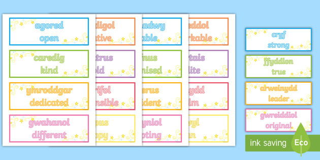 Inspirational Adjective Words English/Welsh Word Cards