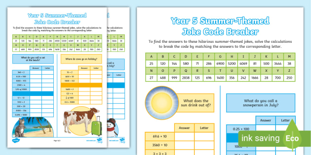 👉 Year 5 Summer-Themed Joke Code Breaker Activity