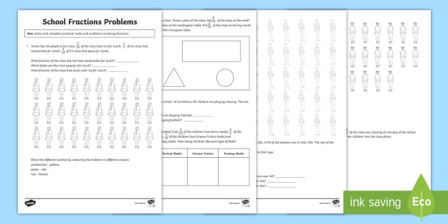 School-Themed Fraction Problems Worksheet (teacher made)