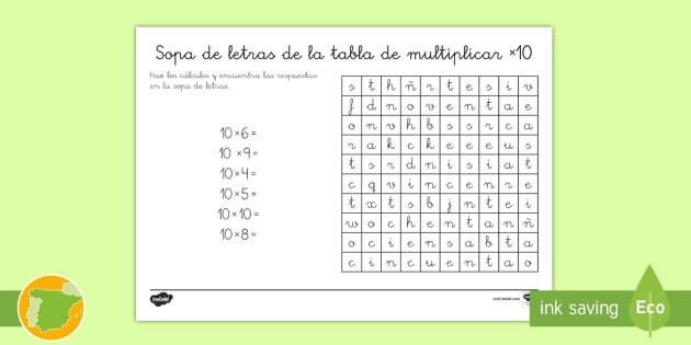 Ficha de actividad: Sopa de letras - La tabla de multiplicar x10