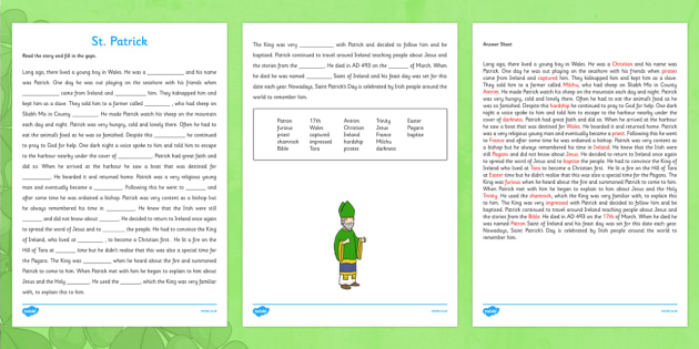 Saint Patrick Cloze Activity with Word Bank Third and Fourth Class