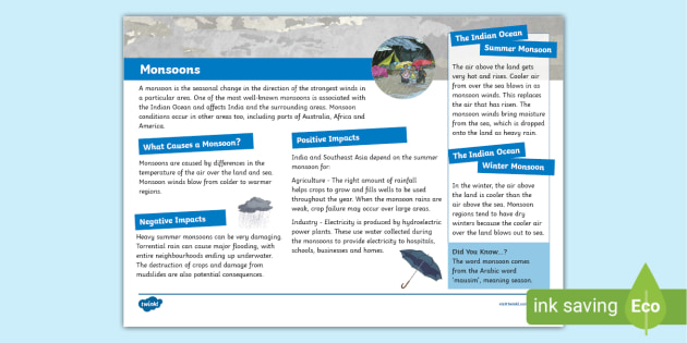 Monsoon Fact File - KS2 - Geography (teacher made) - Twinkl