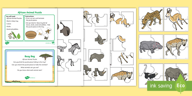 African Animal Puzzle Busy Bag Prompt Card and Resource Pack