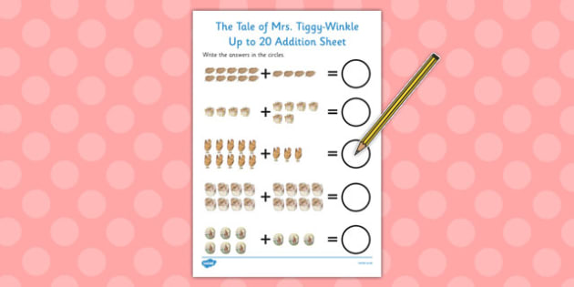 The Tale of Mrs Tiggy Winkle Up to 20 Addition Sheet - mrs tiggy winkle