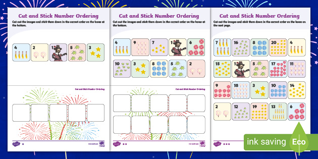 Bonfire Night Themed Cut and Stick Number Ordering Sheets