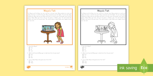 First Grade Maya's Fish Reading Passage Comprehension Activity