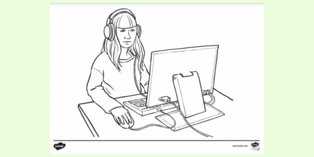 FREE! - Girl Sat at Computer Colouring Sheet (teacher made)