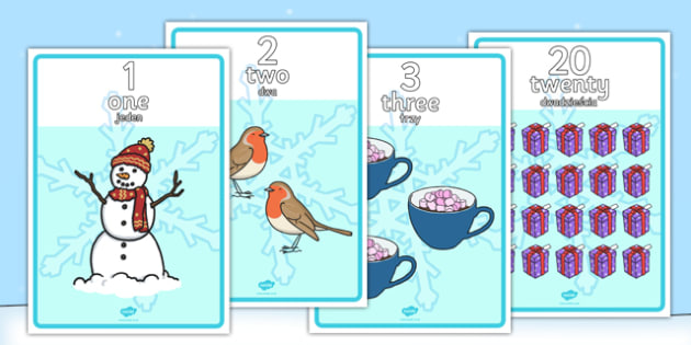 Winter Themed Number Posters 1-20 Words and Numbers Polish Translation