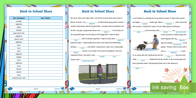 Back to School Themed Fill in the Blanks Writing Activity Sheet