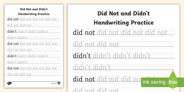 Did Not and Didn't Handwriting Practice Sheet (teacher made)