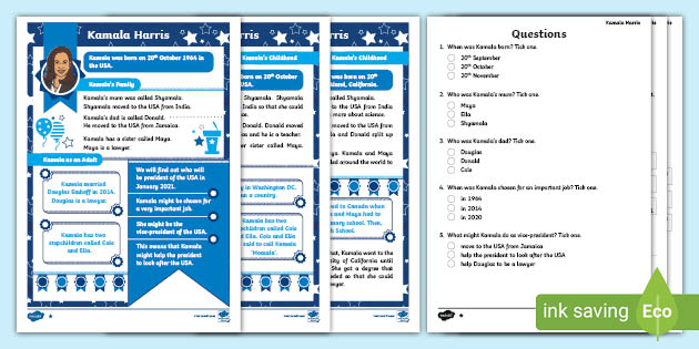 KS1 Kamala Harris Differentiated Reading Comprehension Activity