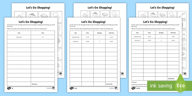 Shopping List Differentiated Activity Sheets (teacher made)