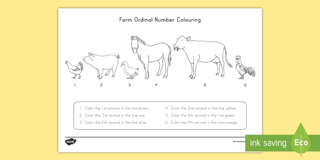 Farm Animals Coloring and Ordinal Number Worksheet / Activity
