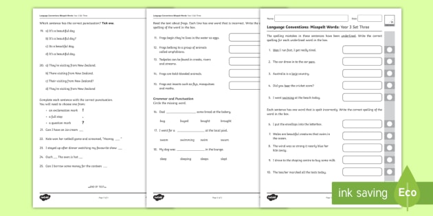 NAPLAN Style Misspelt Language Conventions Set Three Year 3 Exam Questions