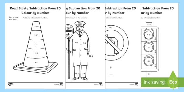 Road Safety Subtraction From 20 Colour By Number road-safety-subtraction-from-20-colour-by-number