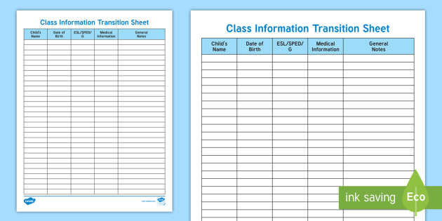 Class Information Transition Sheet