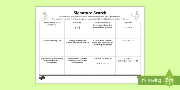 Year 6 Signature Search Maths Worksheet / Worksheet
