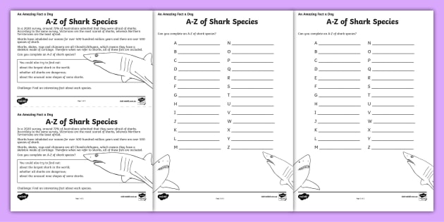 Shark Species Alphabet Worksheet - Year 4-5 Science - Twinkl