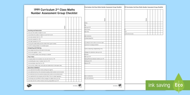 1999 Curriculum 2nd Class Maths Number Assessment Group Checklist