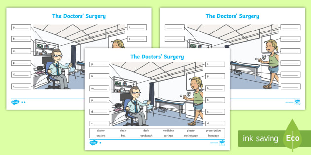 The Doctors' Surgery Aistear Labelling Differentiated Worksheets