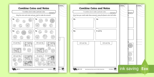 👉 Combine Coins and Notes Maths Activity Sheets