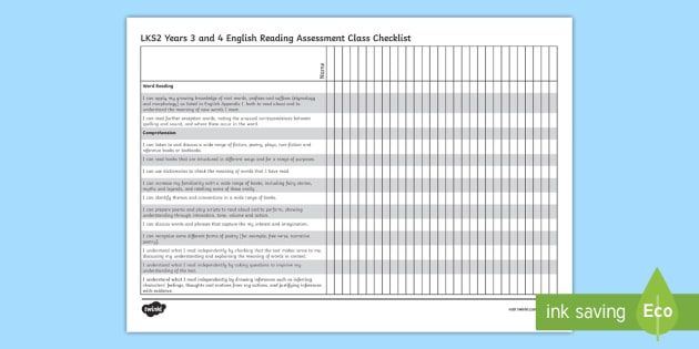 2014 National Curriculum LKS2 Years 3 and 4 Reading Assessment Checklist