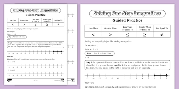 1 Step Inequalities Worksheet