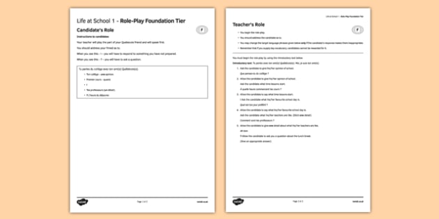 Life at School 1 GCSE Foundation Tier Role-Play French