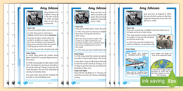 KS1 Amy Johnson Differentiated Reading Comprehension Activity