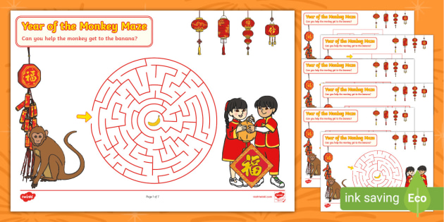 FREE! - Year of the Monkey Maze Activity Worksheets