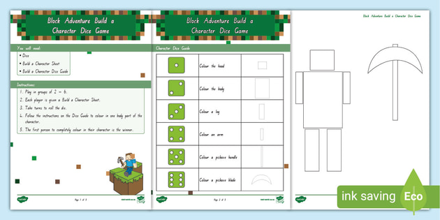 Block Adventure Build a Character Dice Game (teacher made)