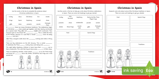 KS1 Christmas in Spain Differentiated Writing Worksheet / Worksheet