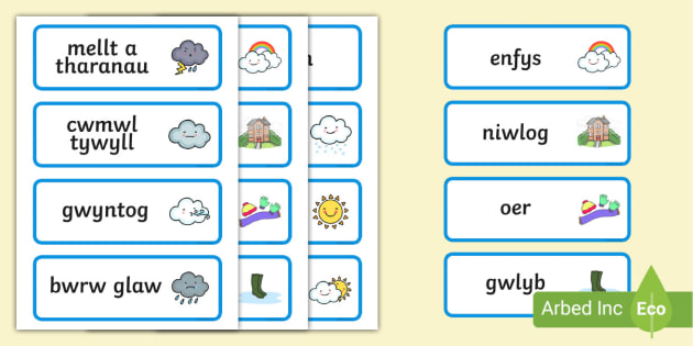 Welsh Language Weather Word Cards (teacher made)