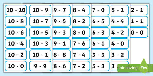👉 Subtraction to 10 Cards (teacher made)