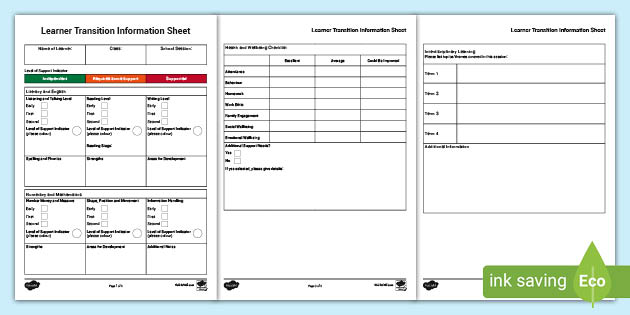 Learner Transition Information Sheet (teacher made)
