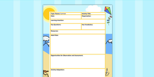 Summer Themed Adult Led Focus Planning Template