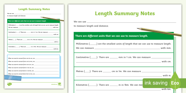 Length Summary Notes Activity Sheet (teacher made)