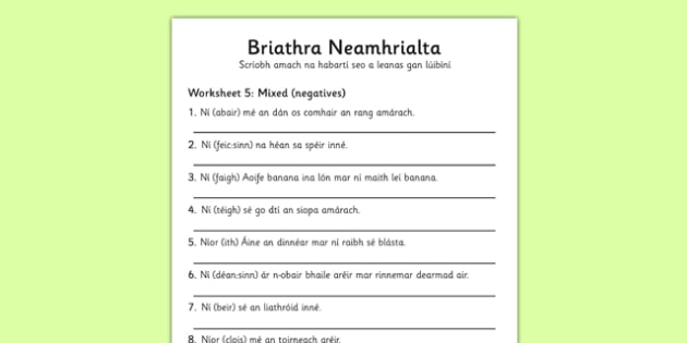Briathra Neamhrialta Mixed Tense Negatives Worksheet Gaeilge
