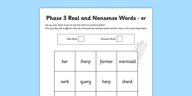 Phase 3 er Colour by Phoneme Real and Nonsense Words Worksheet / Worksheet