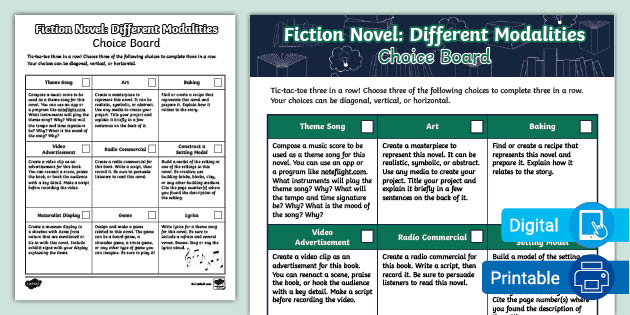 Fiction Novel Choice Board: Different Modalities