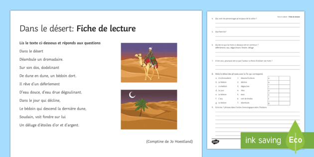In the Desert Reading Comprehension Worksheet / Worksheet French