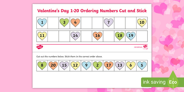 1-20 Ordering Valentine's Day Numbers Cut and Stick Activity