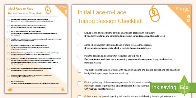 Initial Face-to-Face Tuition Session Checklist