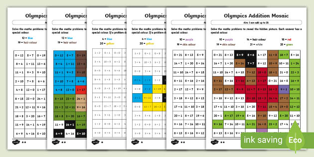 Olympics Addition and Subtraction Mosaic Worksheets